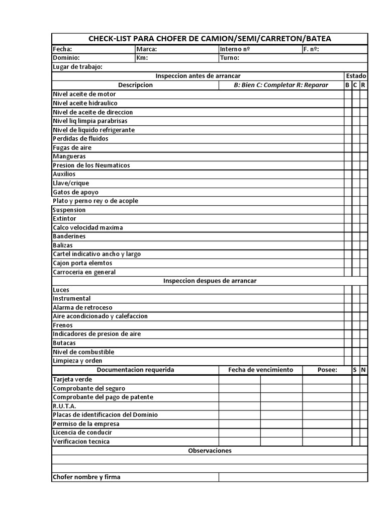 Check List para Chofer de Camión | PDF | Negocios
