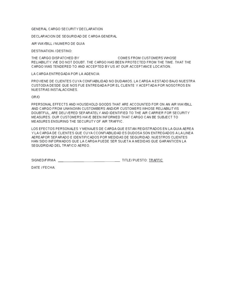 General Cargo Security Declaration and Master Air Waybill Acceptance ...
