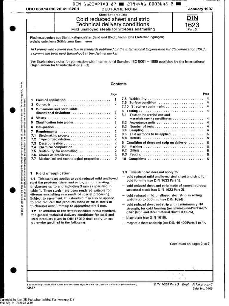DIN 1623-3-1987, Cold Reduced Sheet and Strip | PDF