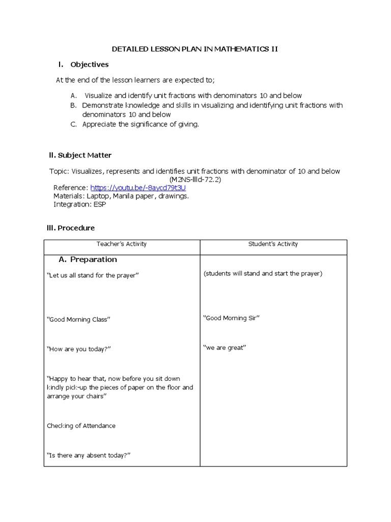 Lesson Plan-Math Unit Fraction | PDF | Language Arts & Discipline