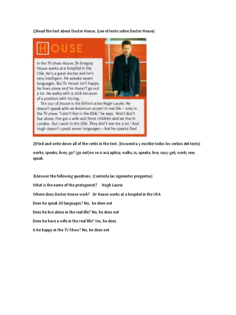 Reading Activity 1 PRESENT SIMPLE Doctor House | PDF