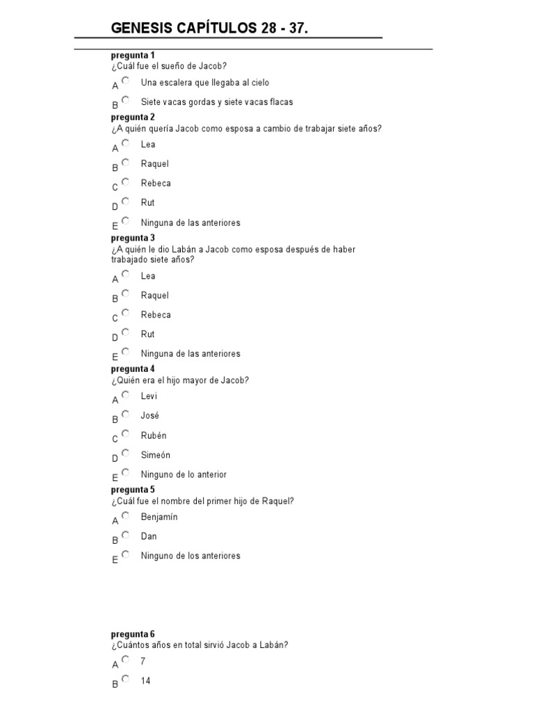Cuestionario Genesis Capítulos 28-37 Jacob | PDF
