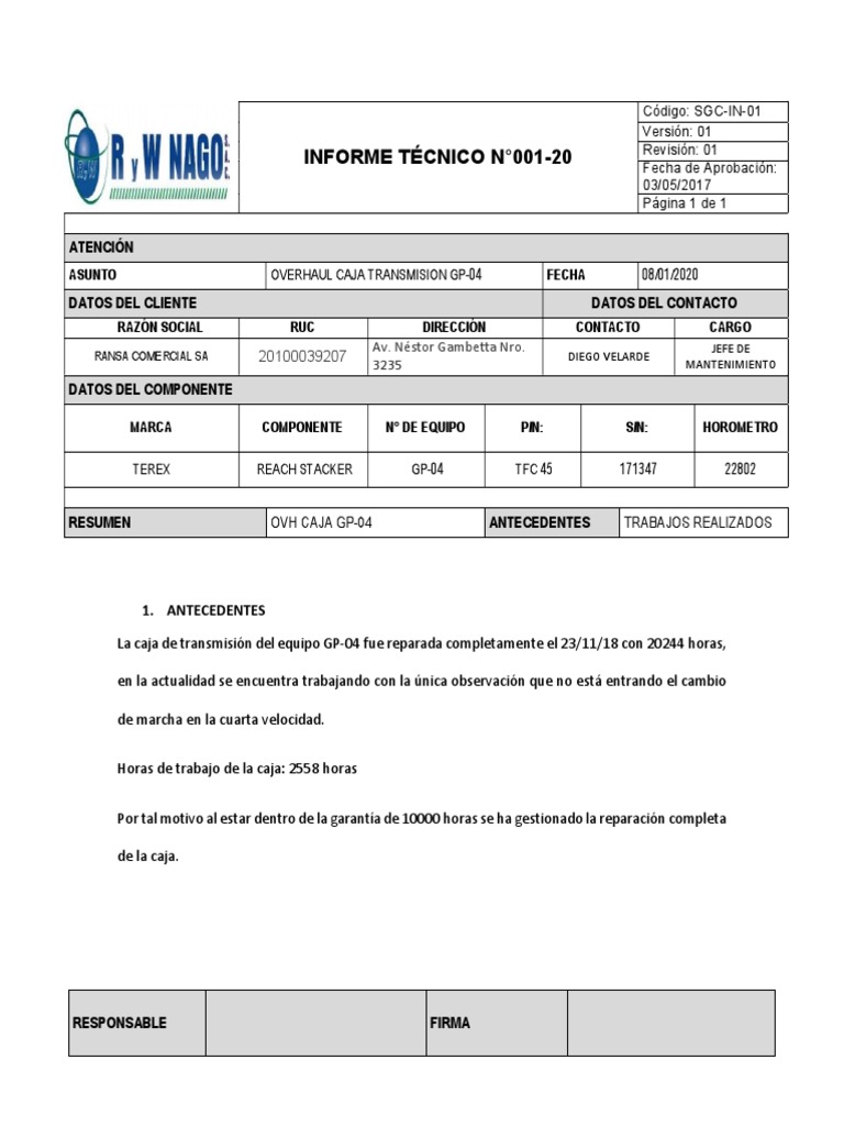 Informe Técnico 001-20 Overhaul GP-04 | PDF