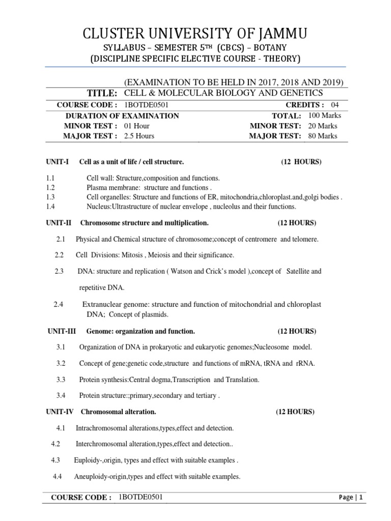 5th Sem Syllabus Botany | PDF | Cell (Biology) | Cell Nucleus