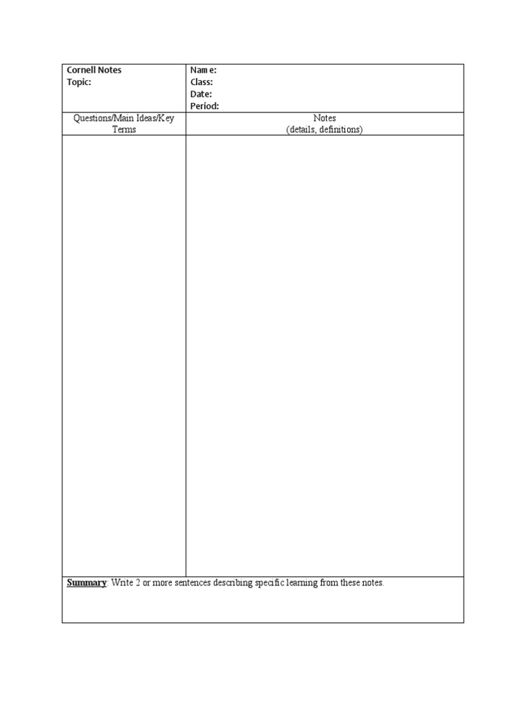 Cornell Notes Template Pdf Language Arts Discipline Computers