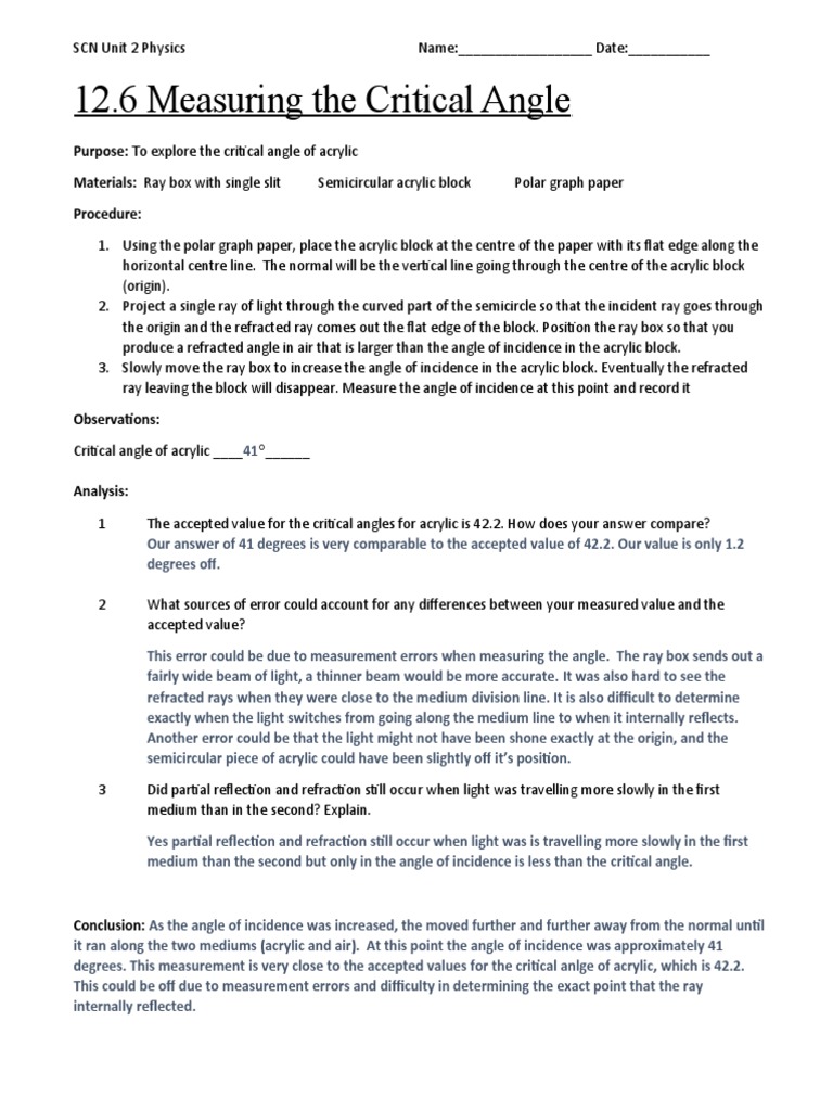 Lab 12 6 Measuring Critical Angles Solutions | PDF | Refraction | Light