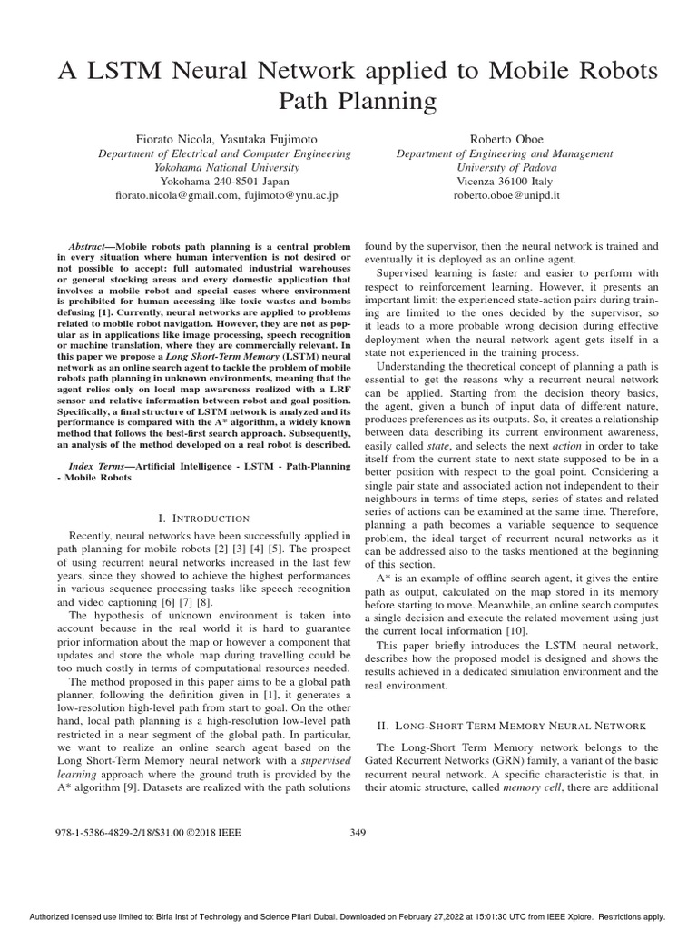 A Lstm Neural Network Applied To Mobile Robots Path Planning Pdf Artificial Neural Network