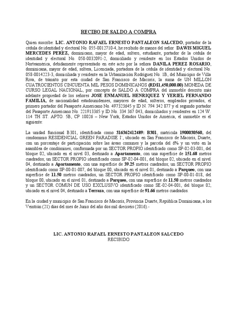 Recibo de Saldo A Compra-Danila Perez - Jose Manuel Henriquez | PDF