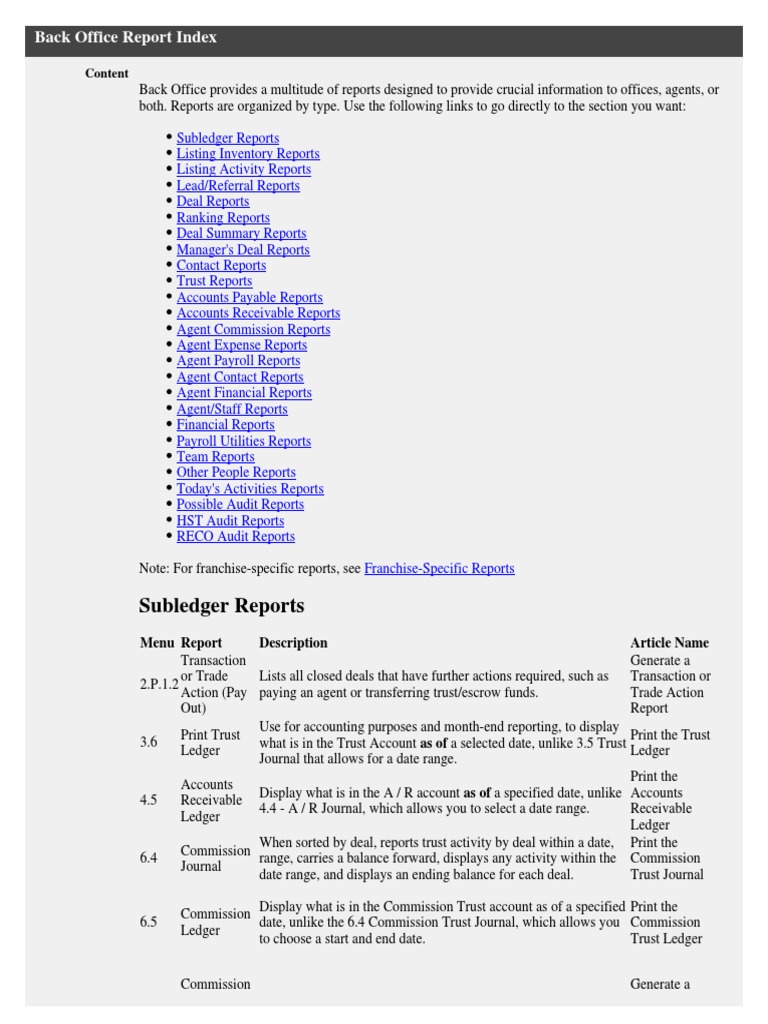 Back Office Reports Index Guide | PDF | Money | Private Sector