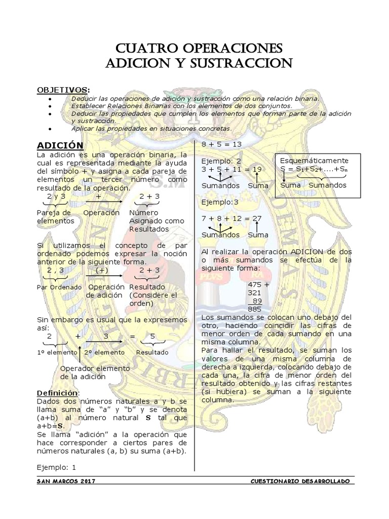 Operaciones fundamentales de la adición y sus propiedades | PDF ...