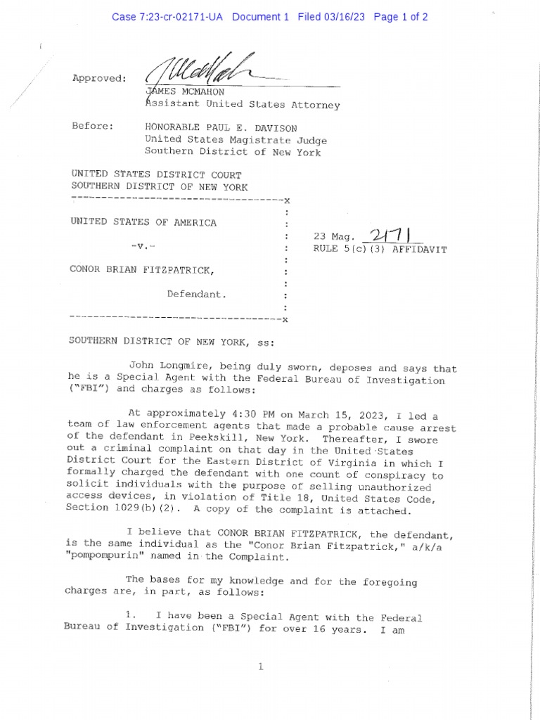 FBI Affidavit: Conor Fitzpatrick Arrest | PDF | Complaint | American Government