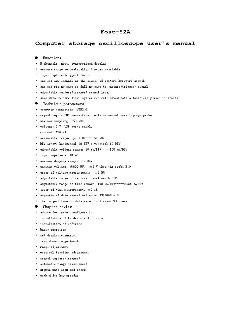 Fosc-52A Computer Storage Oscilloscope User's Manual | PDF | Electronics | System Software