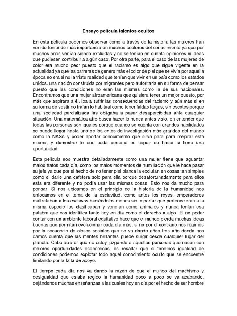 Ensayo Película Talentos Ocultos | PDF | Igualdad de género | Estudios ...