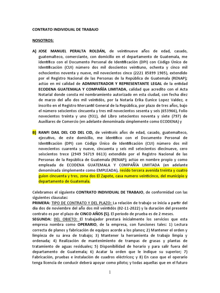 Contrato Individual de Trabajo RANFI DAIL DEL CID DEL CID | PDF ...