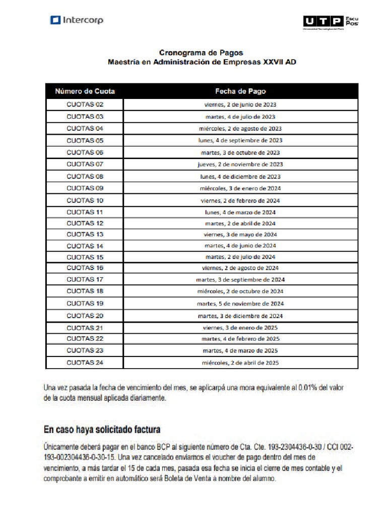 CRONOGRAMA DE PAGOS UTP | PDF