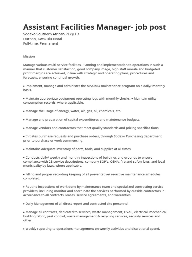 Assistant Facilities Manager | PDF | Waste Management | Employment