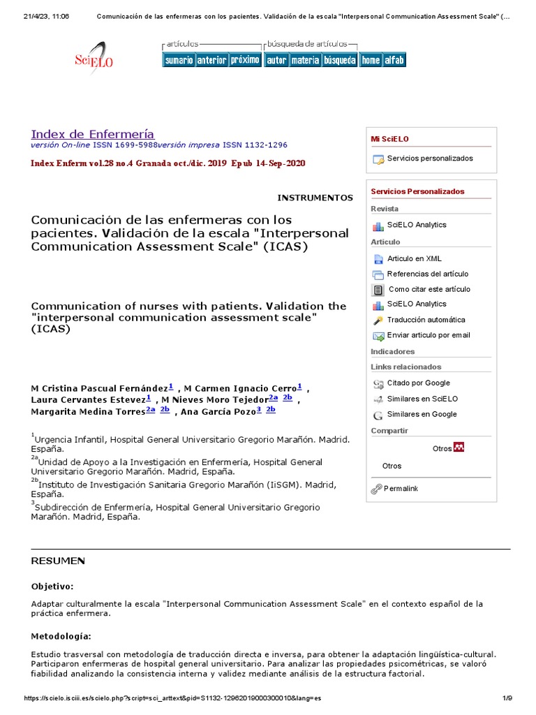 Comunicación de Las Enfermeras Con Los Pacientes. Validación de La ...