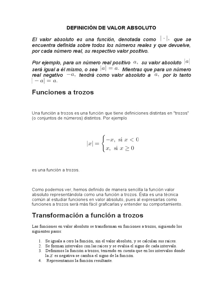 Definición y Función del Valor Absoluto | PDF | Función (Matemáticas ...