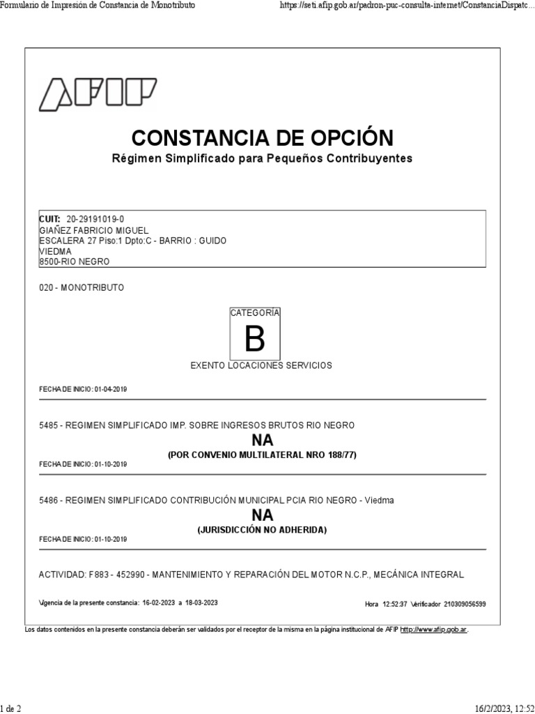 Constancia de Opción: Régimen Simplificado para Pequeños Contribuyentes ...