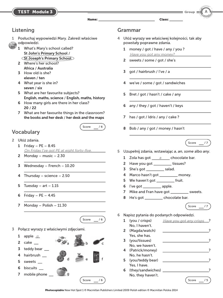 New Hot Spot 1 Module 3 Test A | PDF | Foods