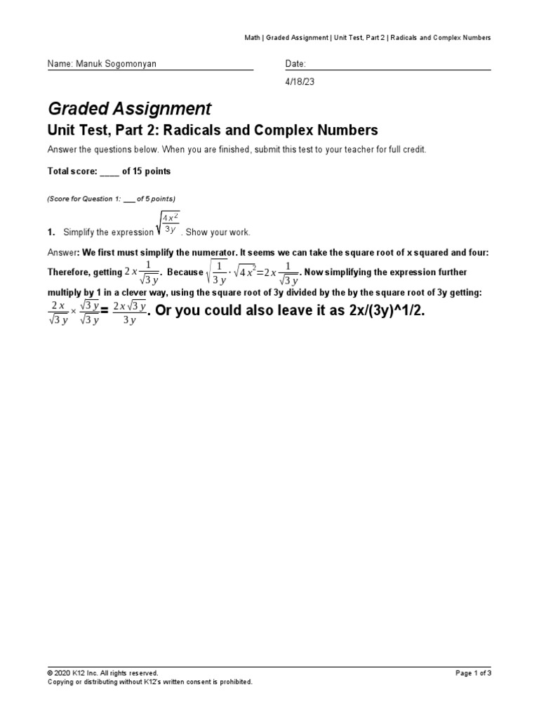 Graded Assignment: Unit Test, Part 2: Radicals and Complex Numbers ...