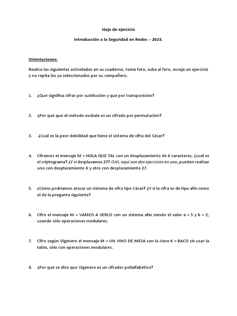Hoja de Ejercicio | PDF | Cifrado | Clave (criptografía)