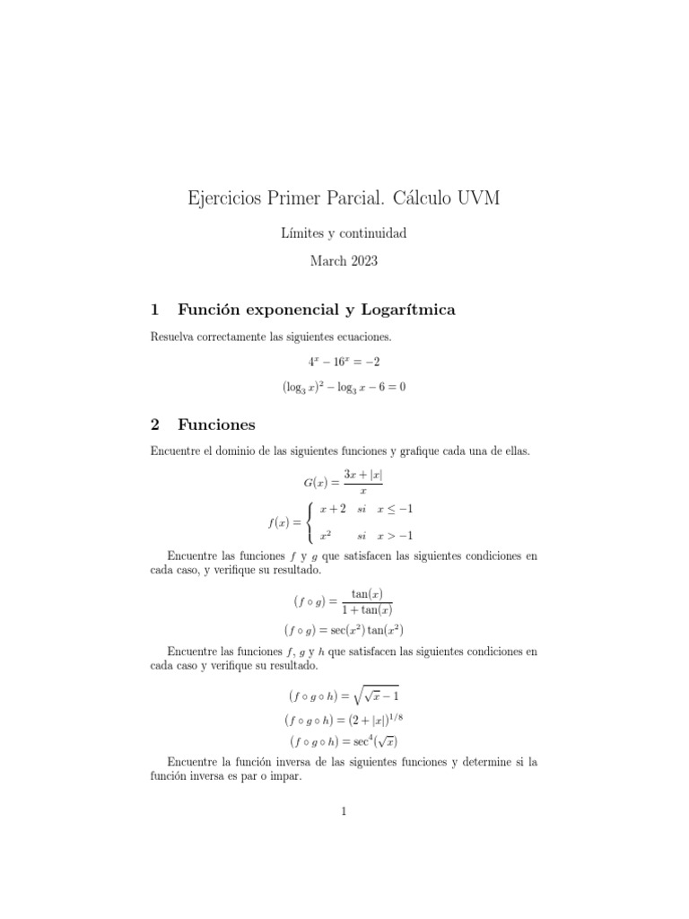 Ejercicios Primer Parcial C Lculo UVM | PDF | Análisis matemático | Matemáticas