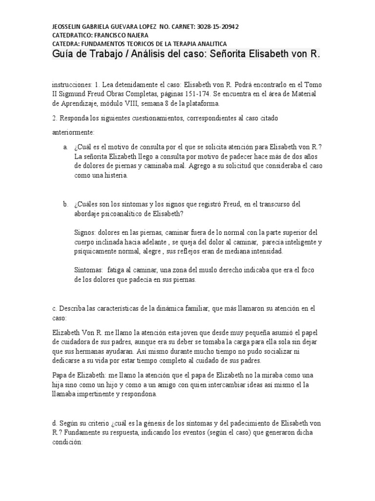 Guía de Trabajo / Análisis Del Caso: Señorita Elisabeth Von R | PDF ...