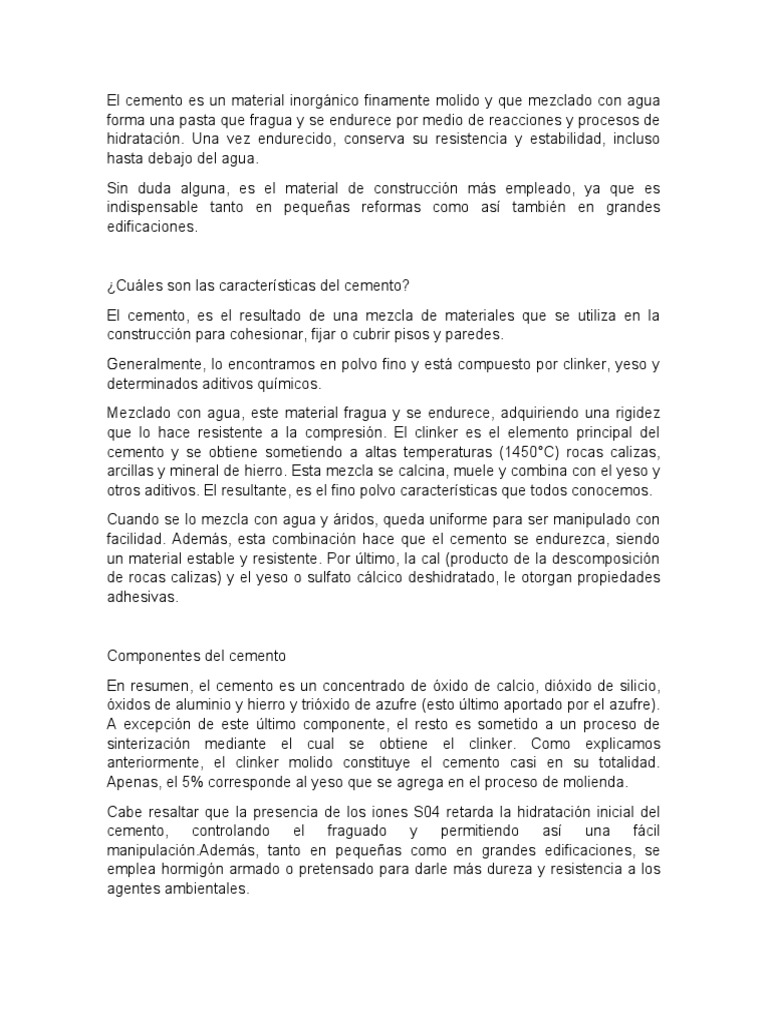 El Cemento Es Un Material Inorgánico Finamente Molido y Que Mezclado ...