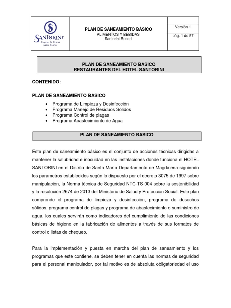 Plan de Saneamiento Basico | Descargar gratis PDF | Alimentos | Lavado de manos