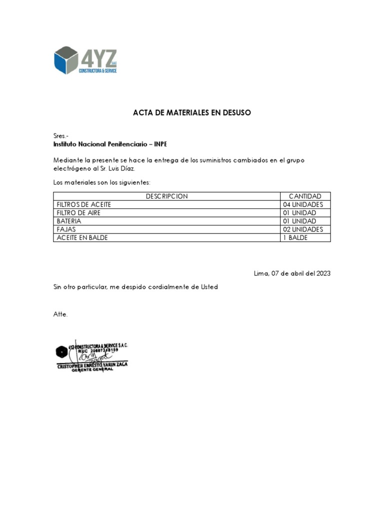 Acta de Materiales en Desuso | PDF