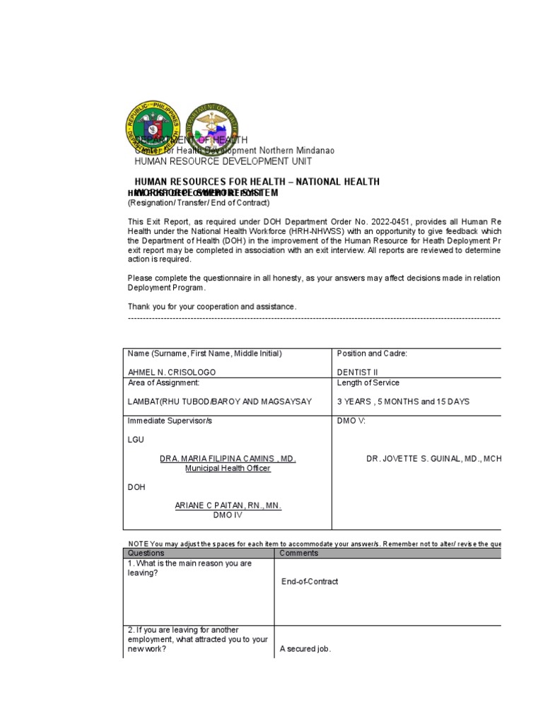 HRH Post Deployment Report: Dentist II Exit | PDF | Social Science