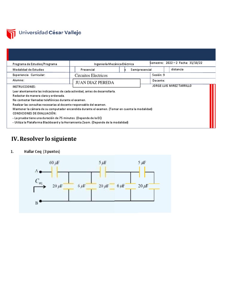 IV. Resolver Lo Siguiente: Circuitos Electricos Juan Diaz Pereda | PDF