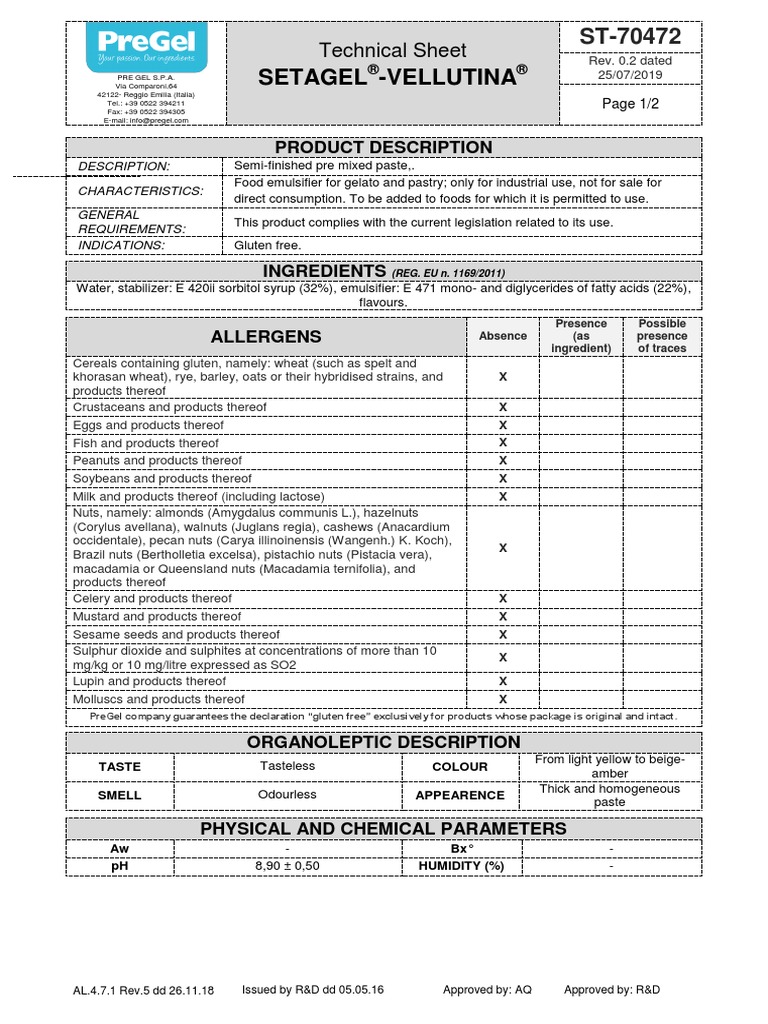 Setagel Vellutina - 0.2 | PDF | Nut (Fruit) | Food Ingredients