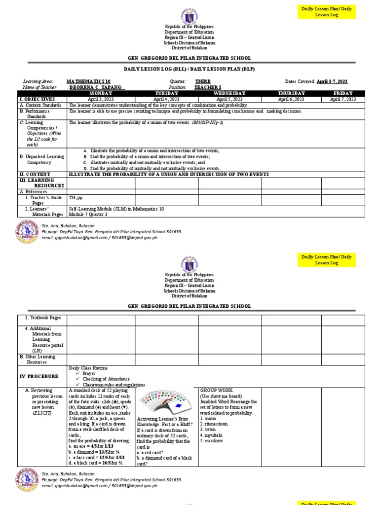 Gen. Gregorio Del Pilar Integrated School Daily Lesson Log (DLL) / Daily Lesson Plan (DLP ...