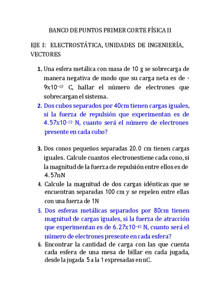 Taller y Ejercicios de Estudio FII Corte 1 | PDF | Campo eléctrico | Fuerza