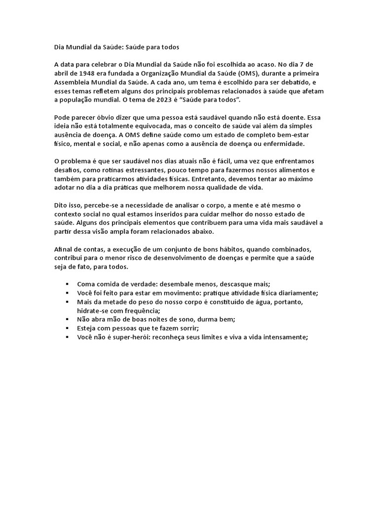 Dia Mundial Da Saúde | PDF