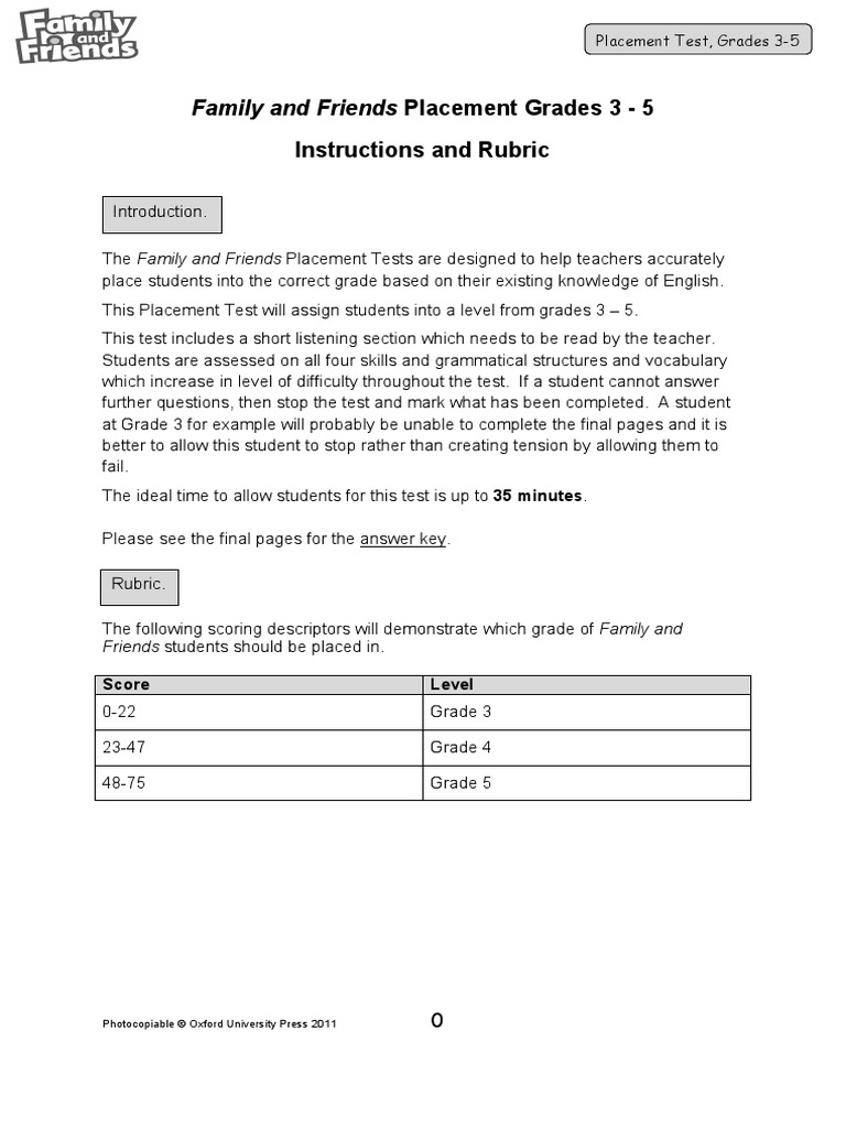 Family and Friends Placement Grades 3 5 | PDF