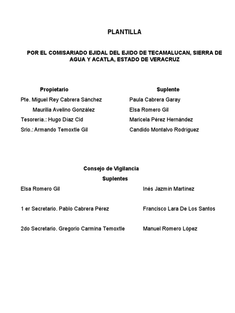 Plantilla: Por El Comisariado Ejidal Del Ejido de Tecamalucan, Sierra ...