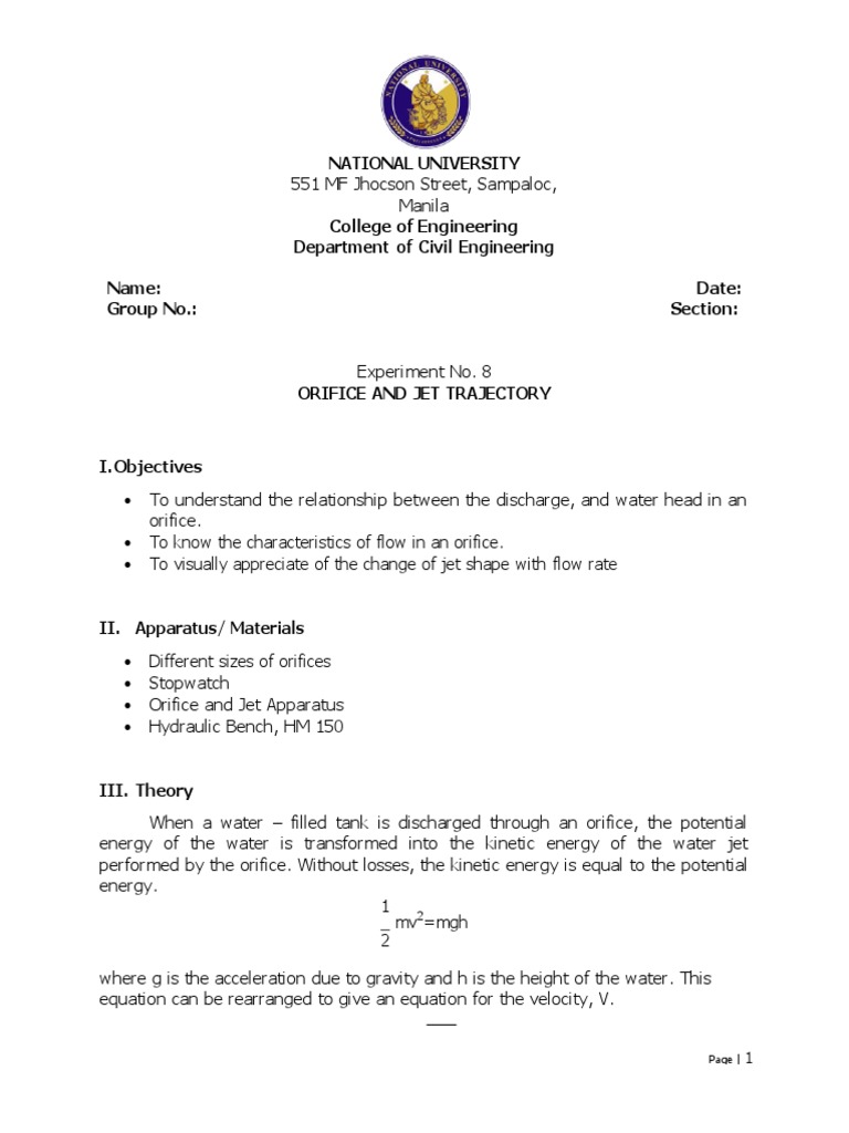 Orifice and Jet Trajectory Experiment | PDF | Velocity | Dynamics ...