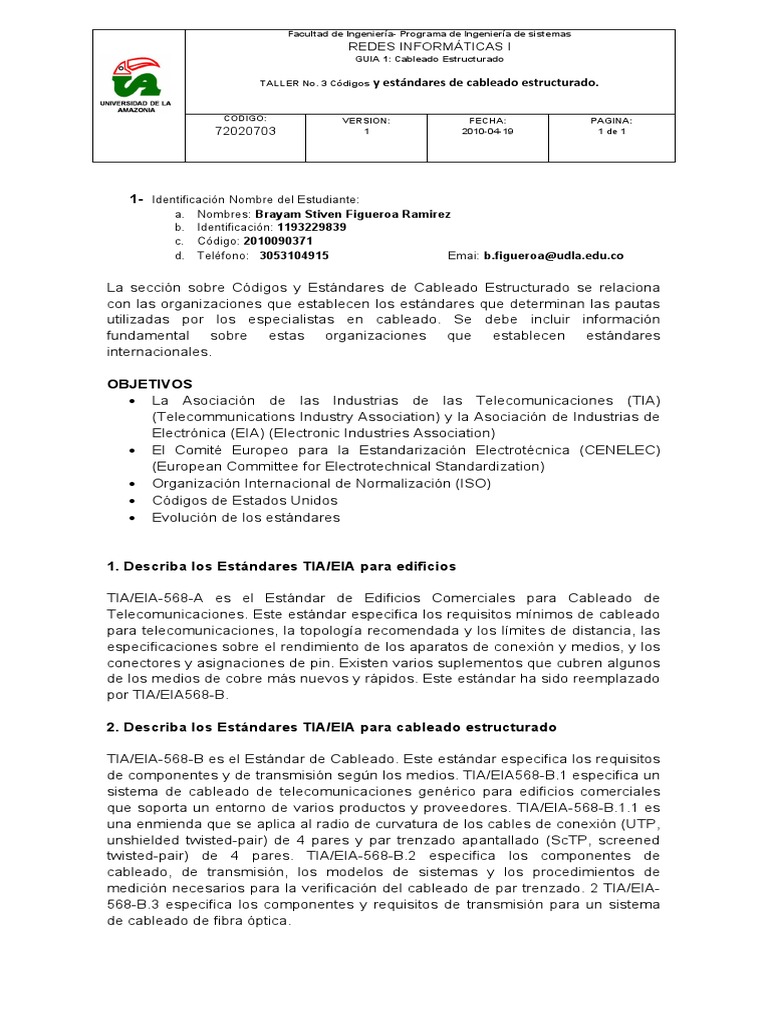 TALLER No 3. Codigos y Estandares Del Cableado Estructurado | PDF