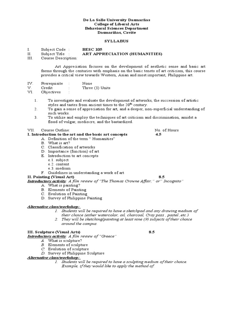 Art Appreciation Syllabus | PDF | Paintings | Sculpture