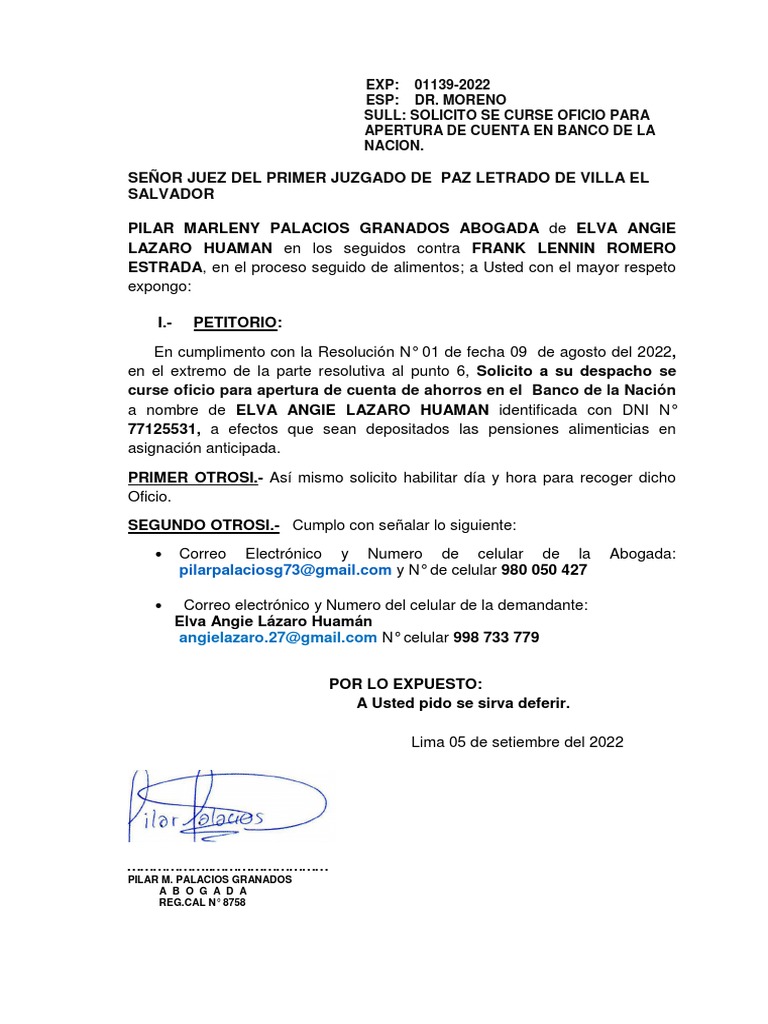 Escrito Solicitar Oficio Al Banco Apertura Cuenta | PDF