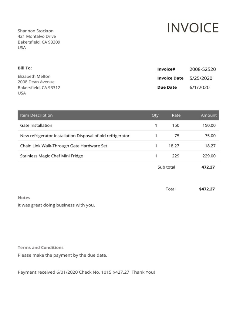 Invoice: Shannon Stockton 421 Montalvo Drive Bakersfield, CA 93309 USA ...