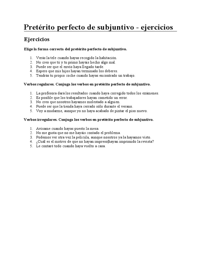 14.2 Pretérito Perfecto Subjuntivo Ejercicios | PDF | Artes del ...