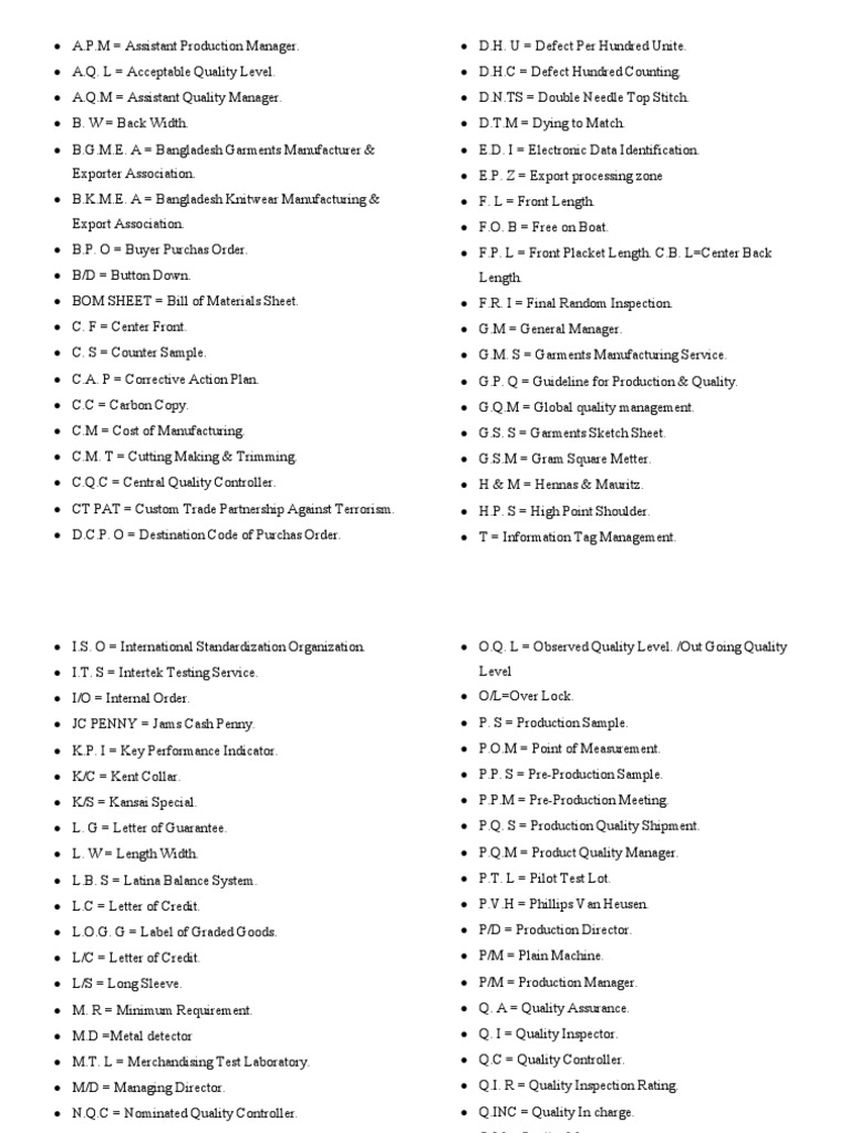 Acronyms of Garment Industry | PDF | Business Process | Business