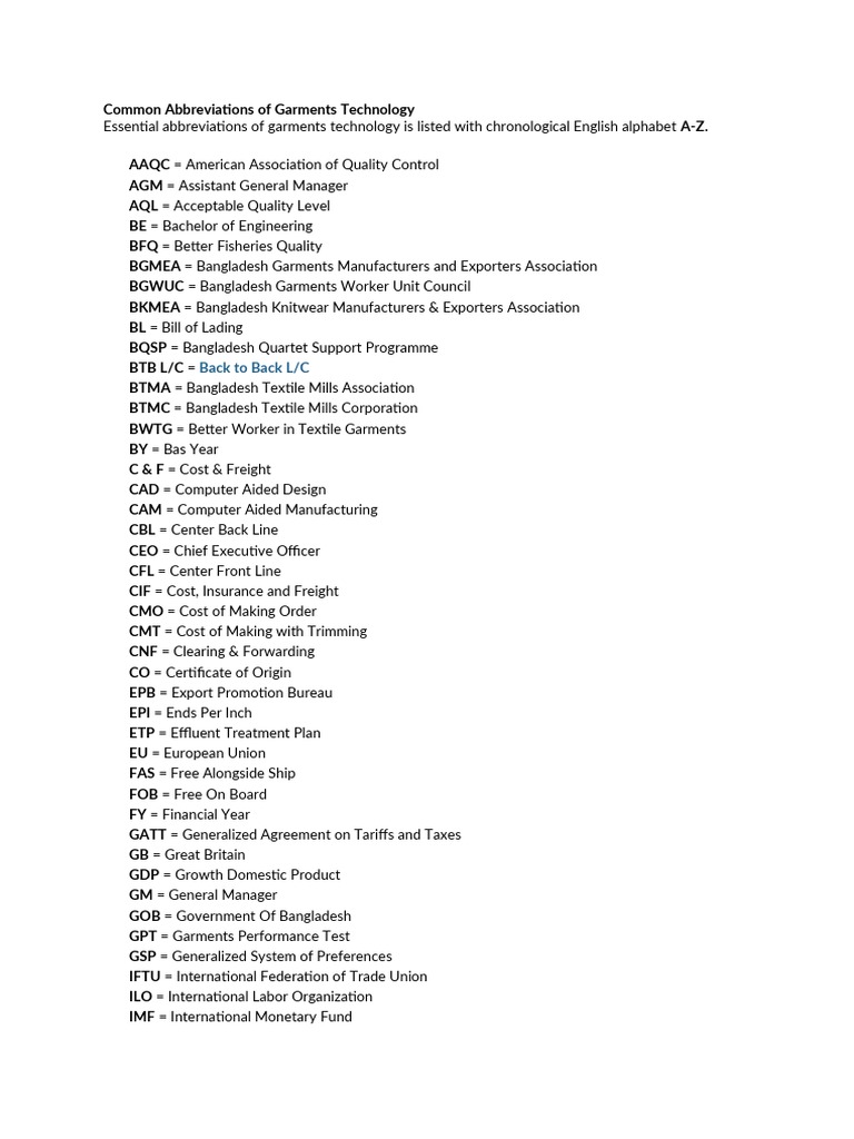 Common Abbreviations of Garments Technology | PDF | Economies | Trade
