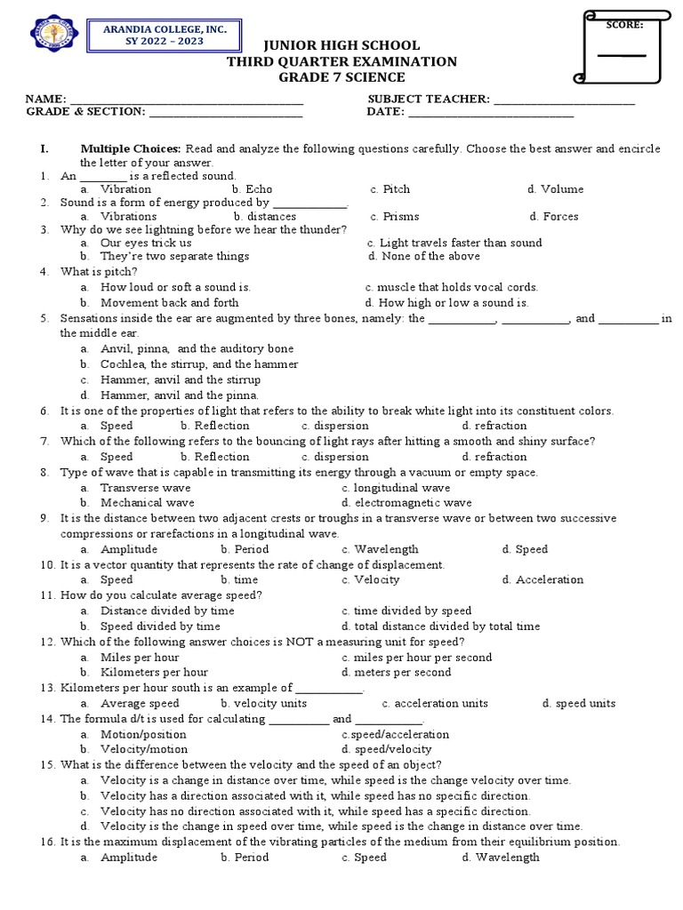 Grade 7 3RD | PDF | Velocity | Waves