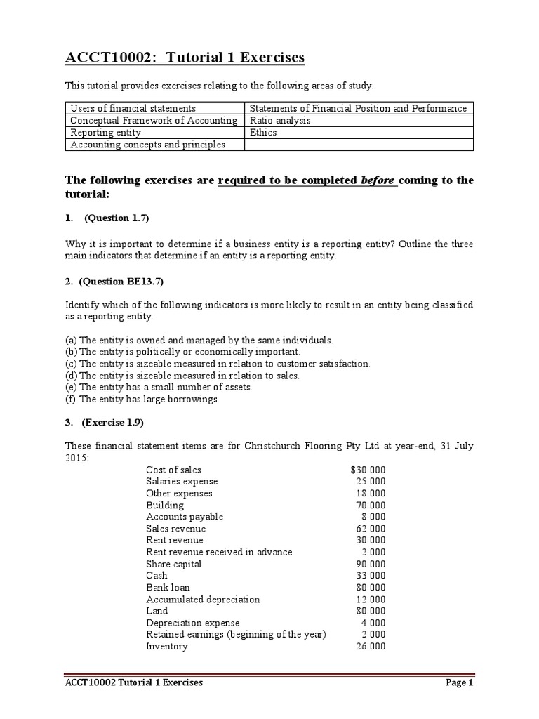 Acct10002 Tutorial 1 Exercises 2020 Sm1 Pdf Balance Sheet Equity