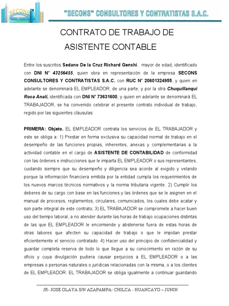 Contrato-de-Trabajo-Asistente Contable | PDF